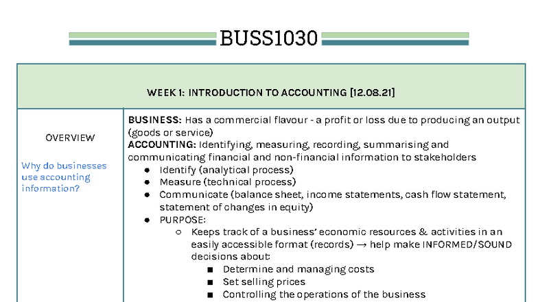 BUSS1030: Week 1 - Introduction to Accounting Overview - Studocu