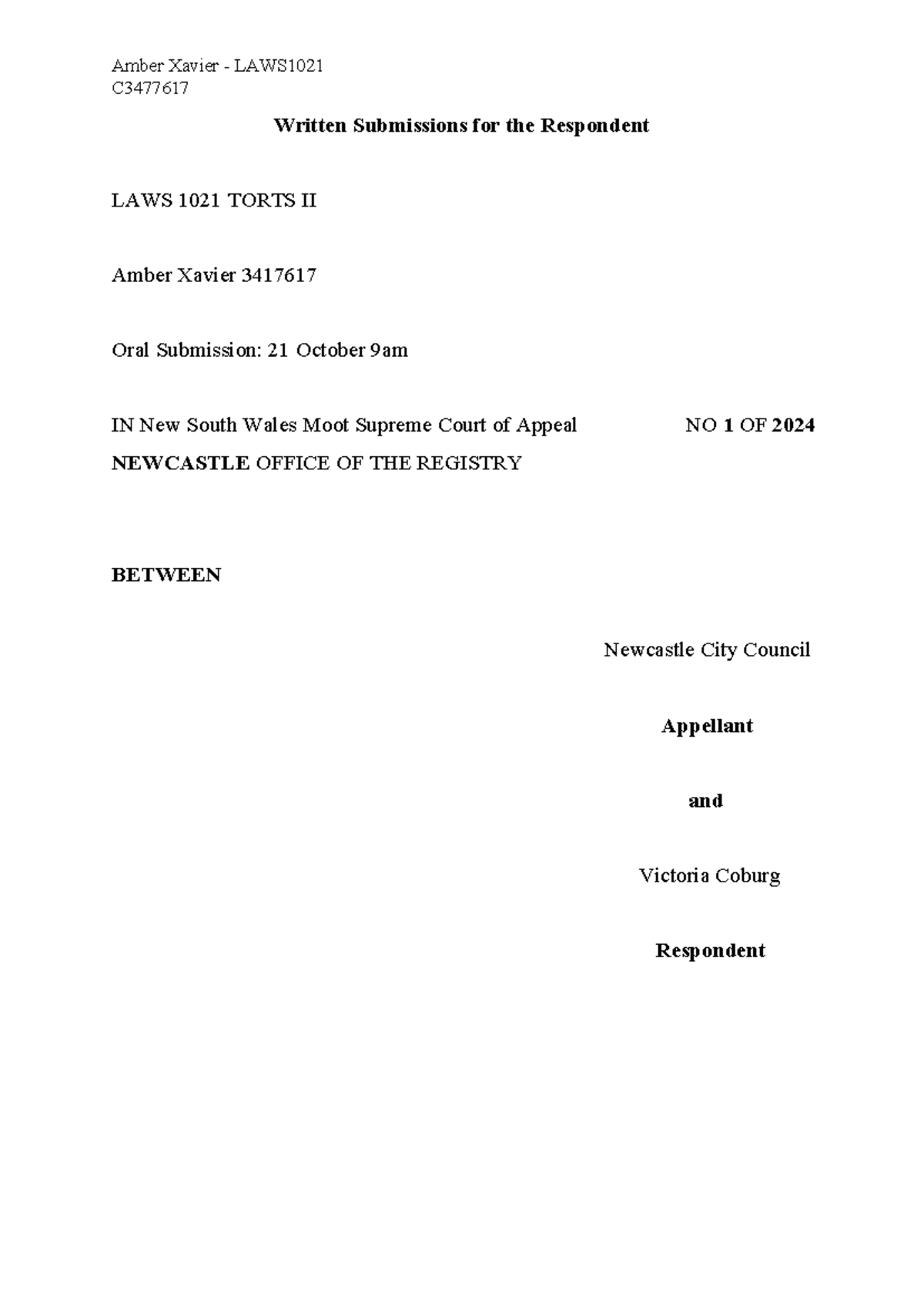 LAWS1021 C3477617 Moot Court: Written Submissions for Respondent Coburg ...