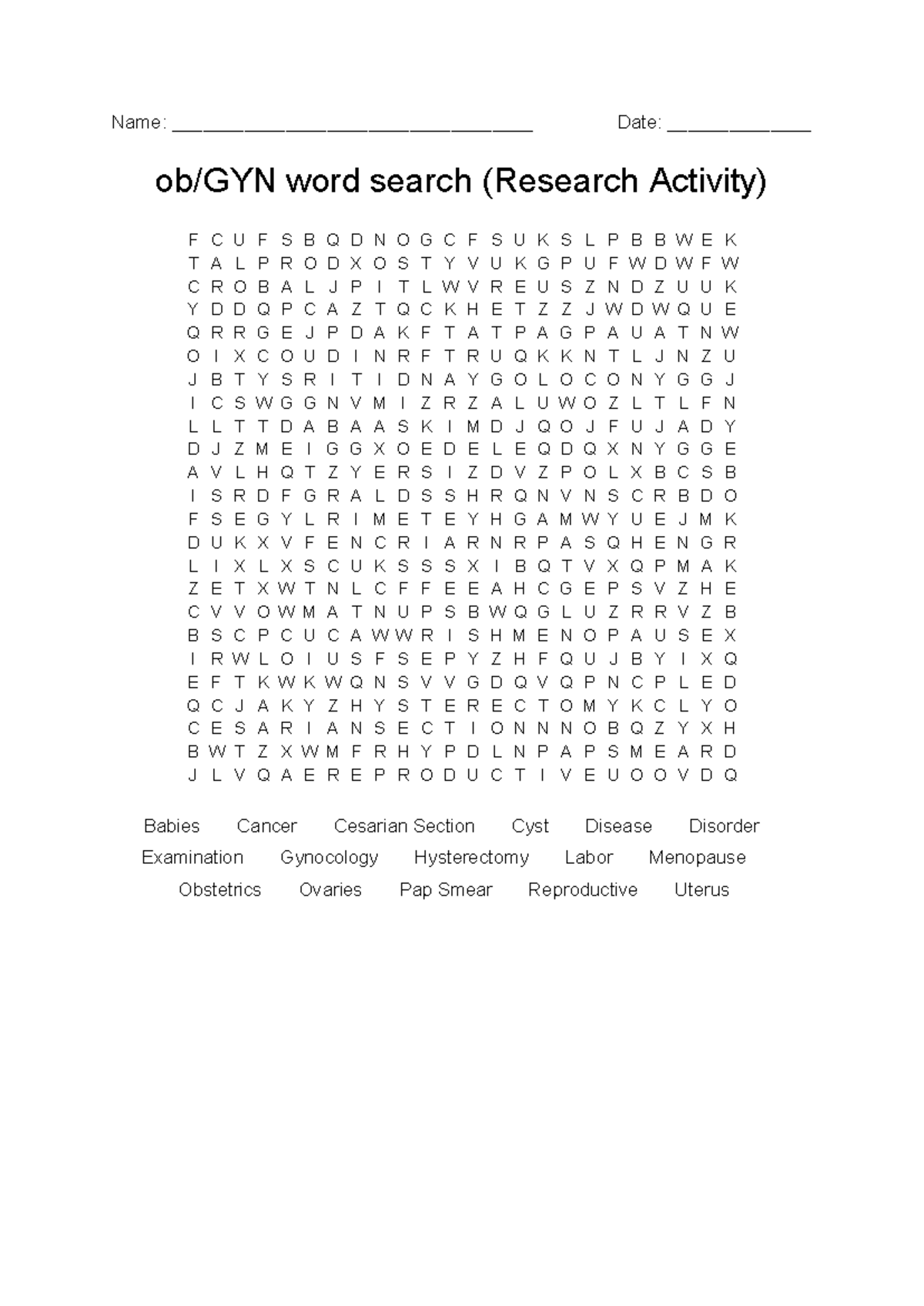 Ob GYN Word Search Activity (Research Activity) - Studocu