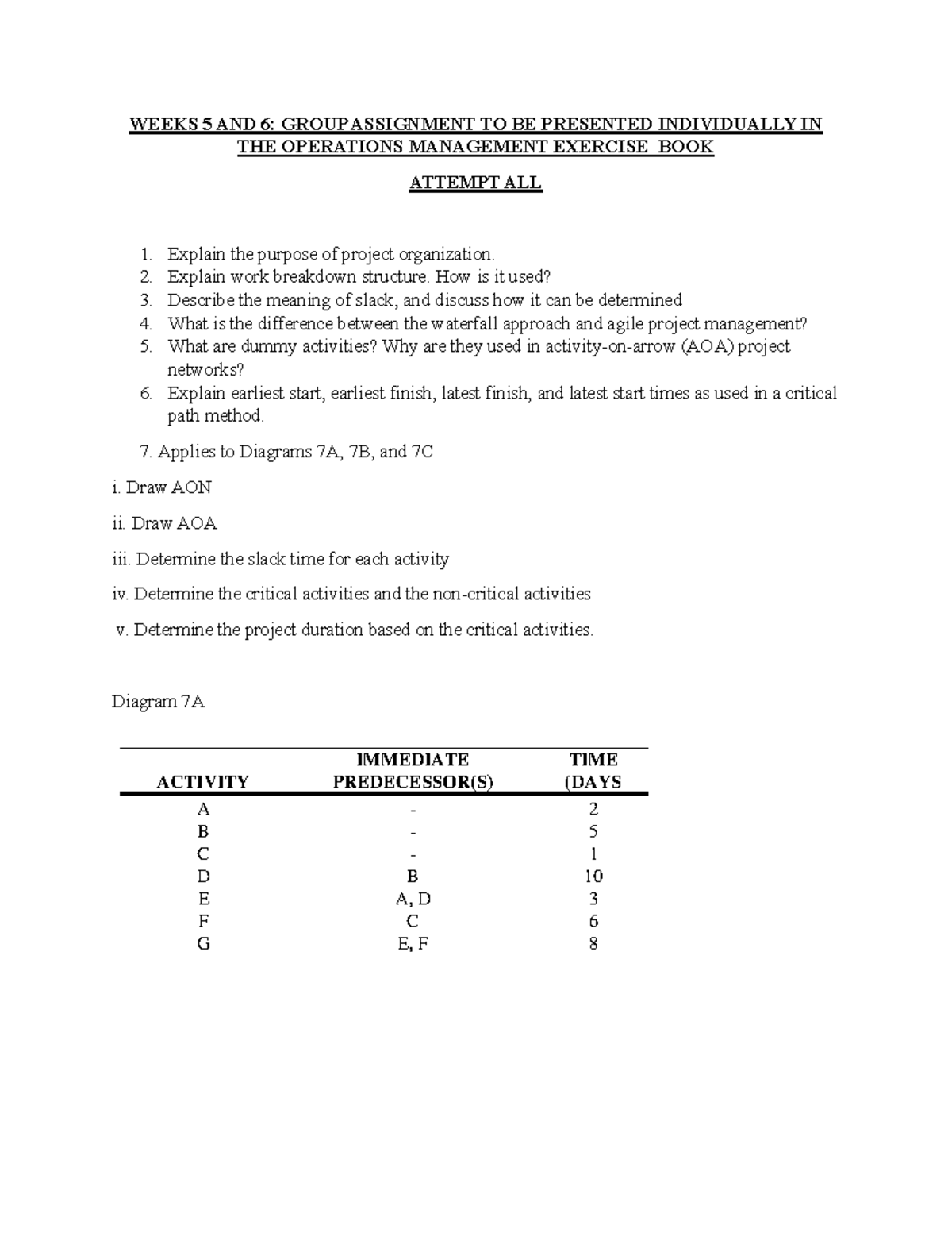 Weeks 5 & 6: Project Management Assignments (OM 101) - Studocu