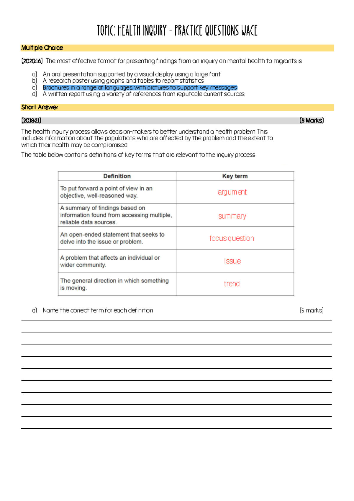 Health inquiry practice questions WACE multiple choice and short answer ...