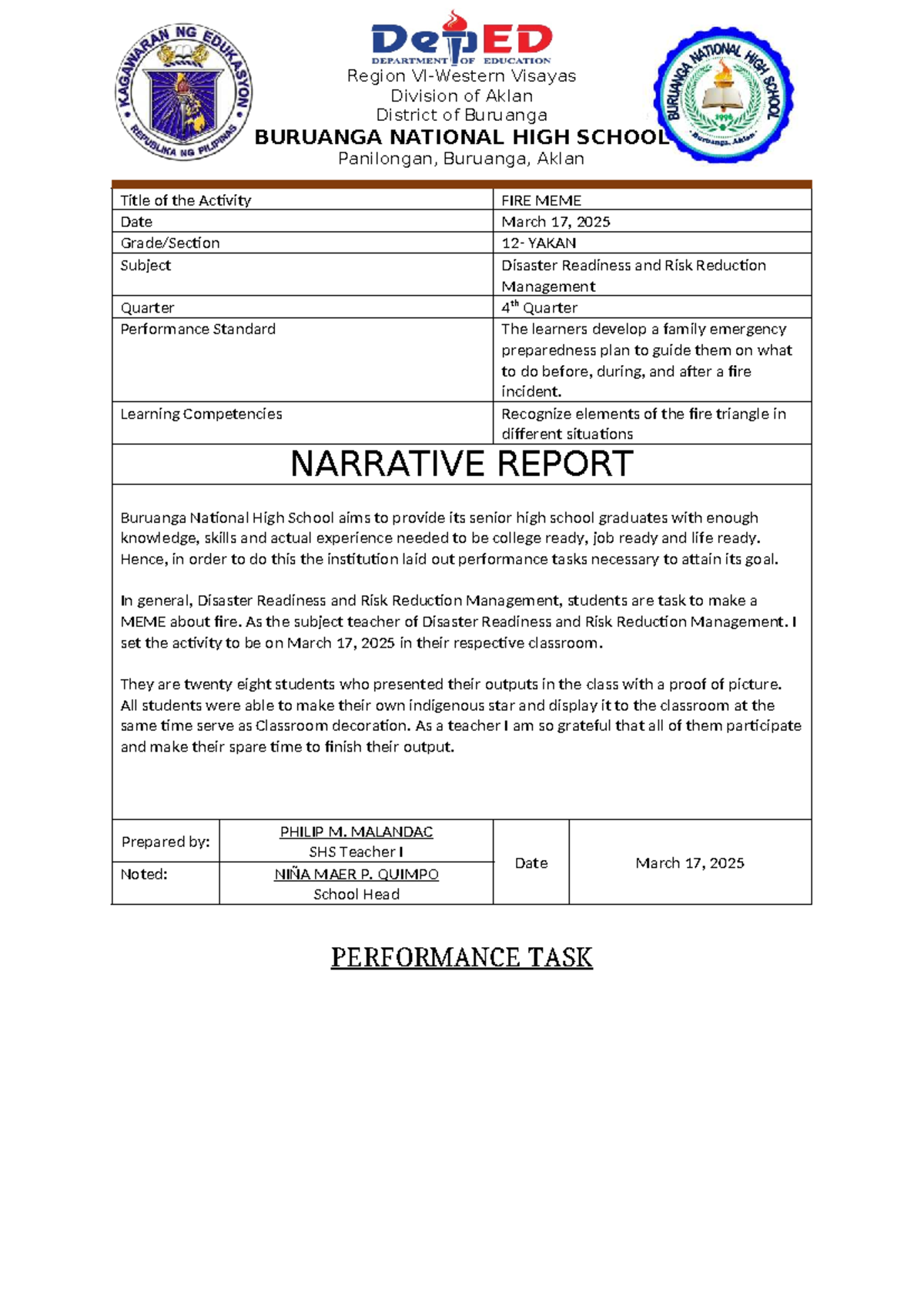 Narrative Report on Fire Meme Activity - DRRRM 4th Quarter - Studocu