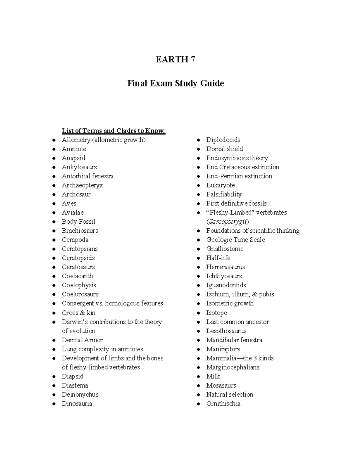 EARTH 7 Final Exam Study Guide Fall '22 - Studocu