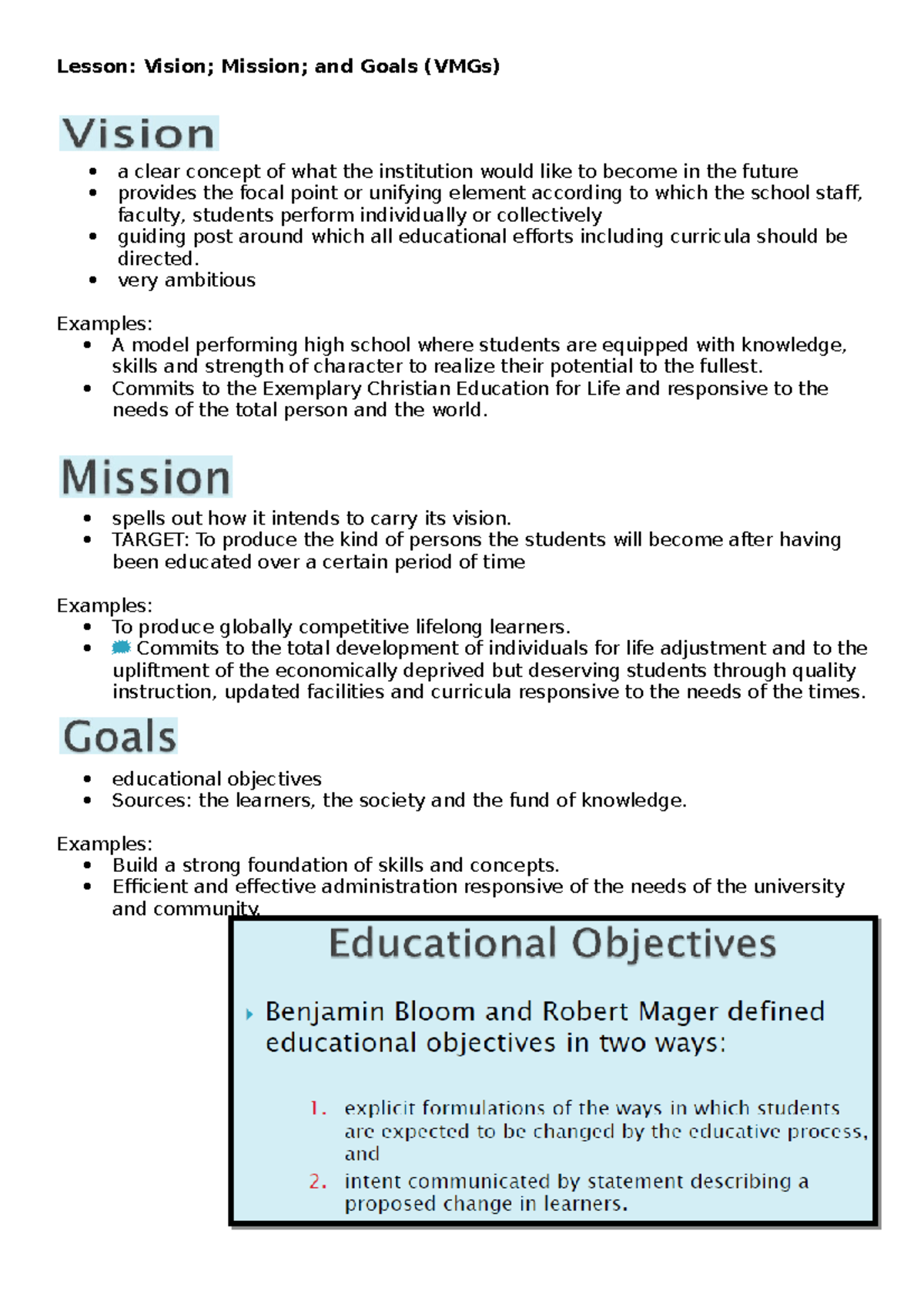 Lesson: Vision; Mission; and Goals (VMGs) - very ambitious Examples: A ...