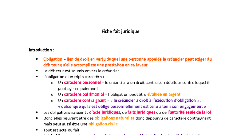 Fiche Fait Juridique - Introduction à la Responsabilité Extracontractuelle - Studocu
