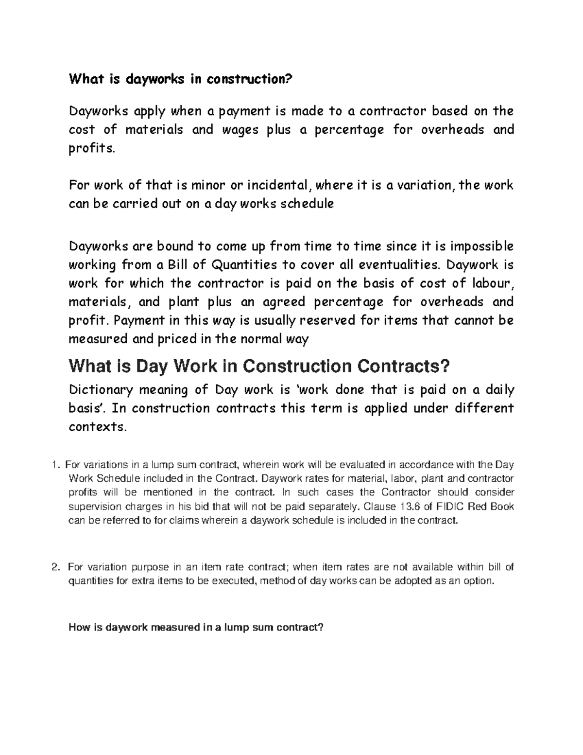 Construction Dayworks: Understanding Variations in Contracts - Studocu