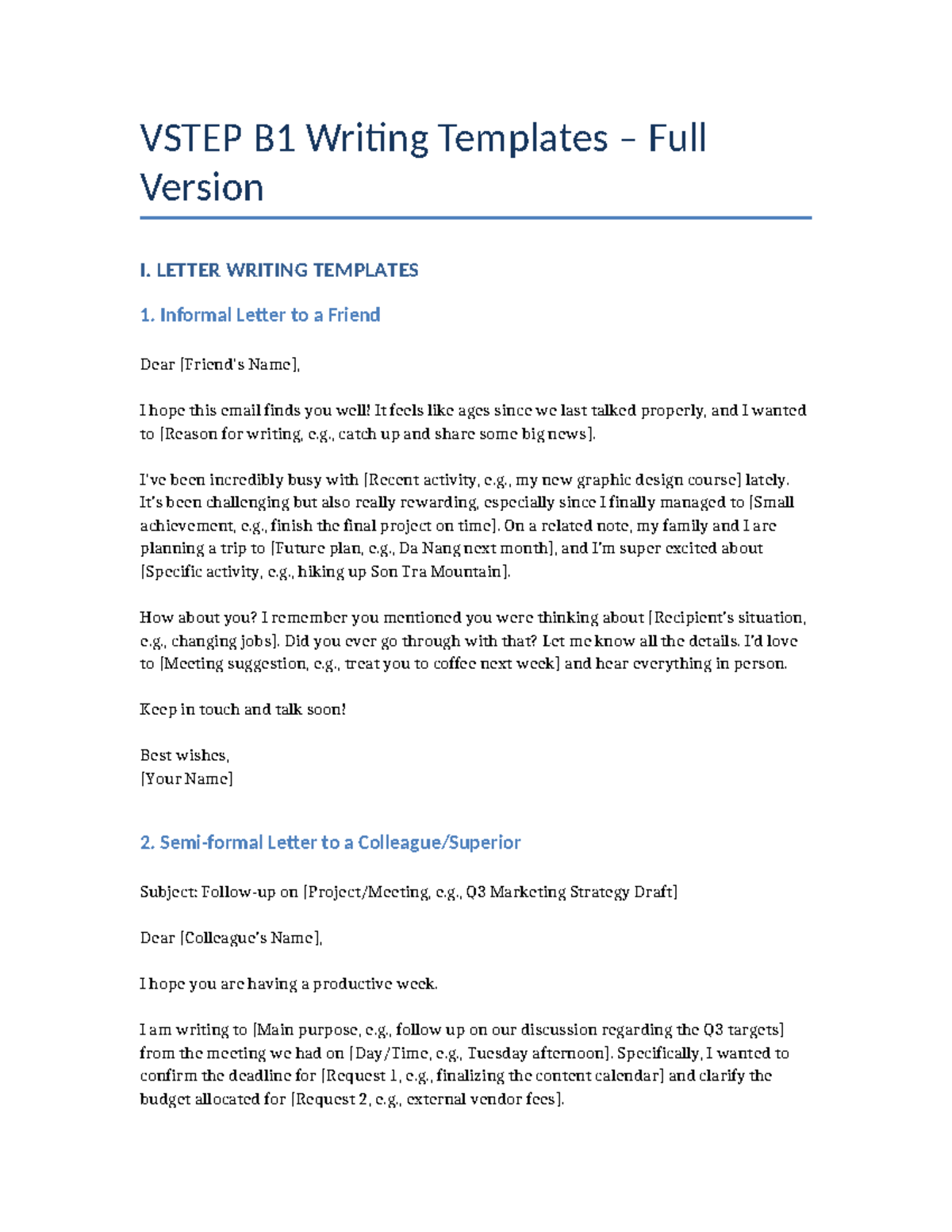 VSTEP B1 Writing Templates: Informal & Formal Letter Examples - Studocu