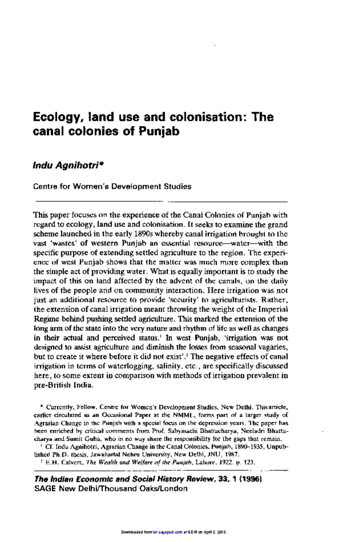 Ecology and Land Use in Canal Colonies of Punjab (BA(BBA-FIN)-662 ...