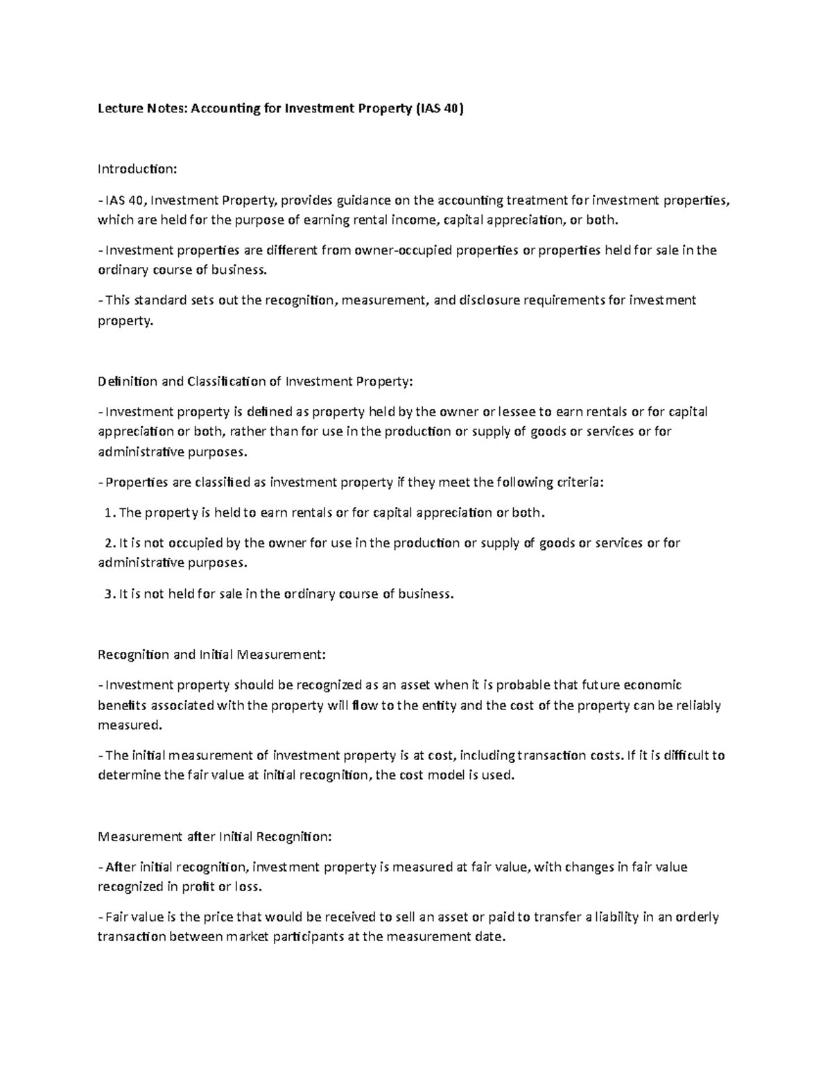 Lecture Notes: IAS 40 Accounting for Investment Property Standards ...