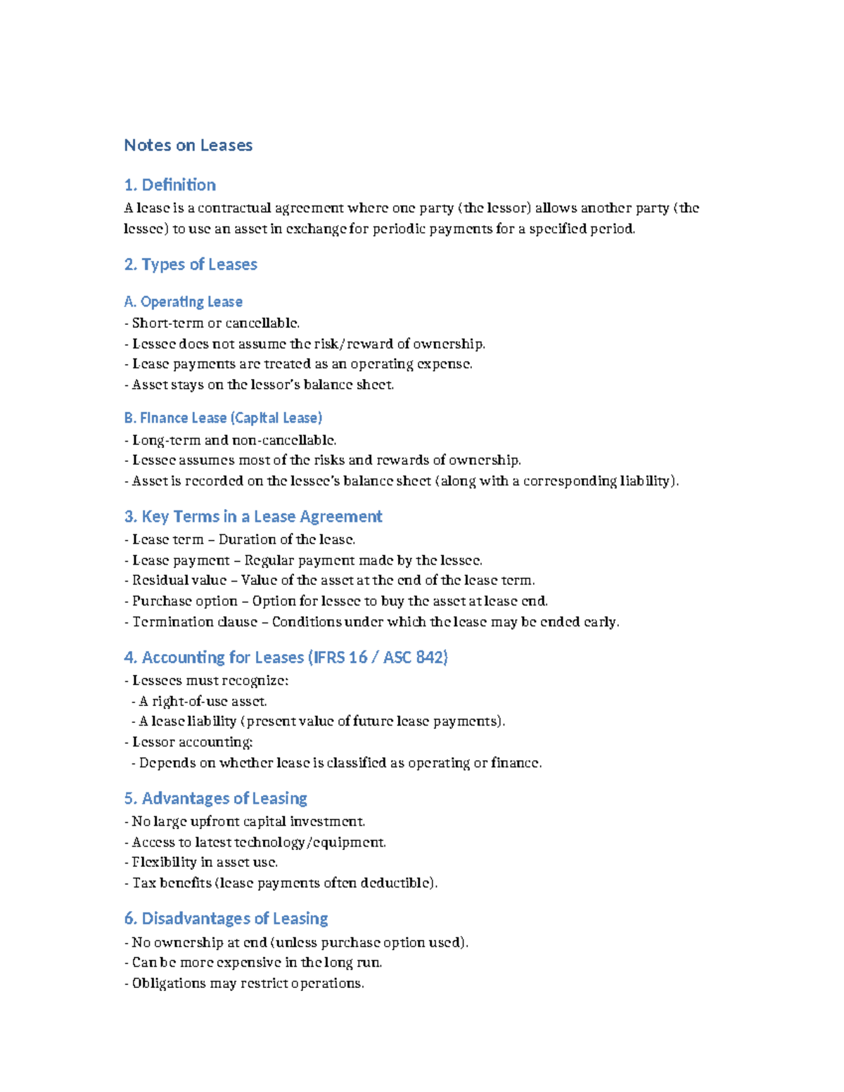 Notes on leases: definitions, types, and accounting principles - Studocu