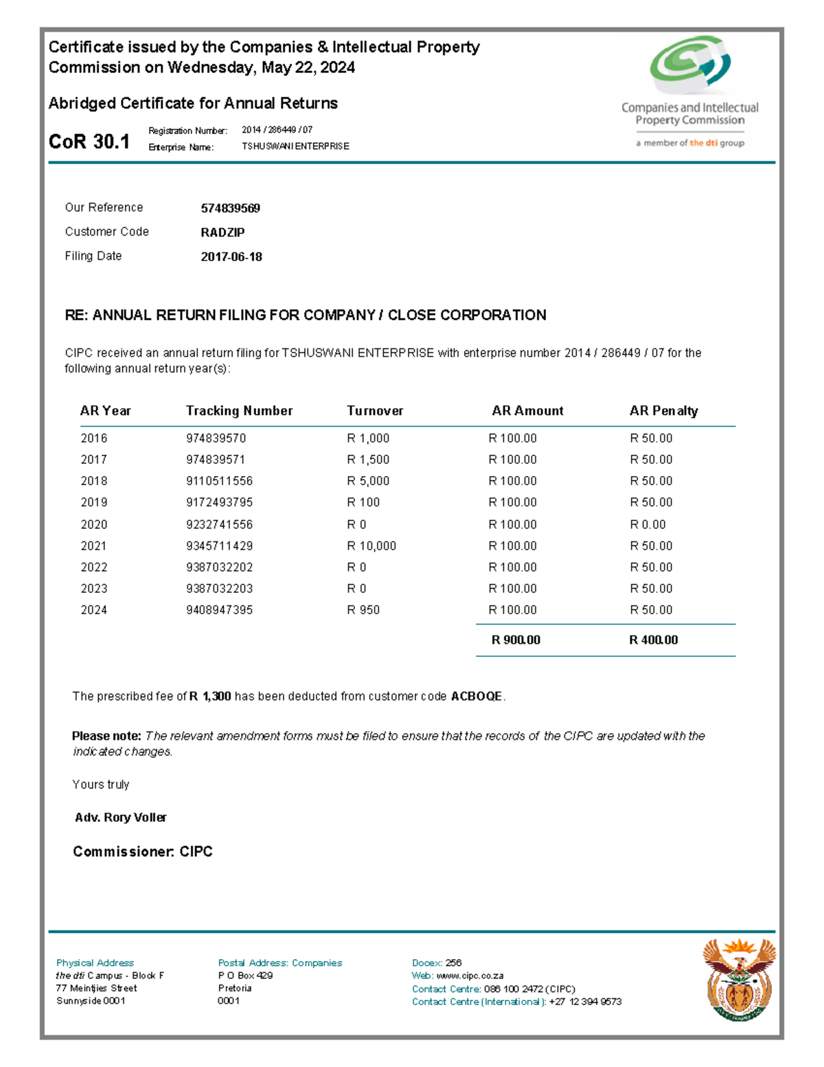Abridged Certificate for Annual Returns CoR 30.1 - TSHUSWANI ENTERPRISE ...