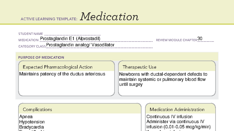 ACTIVE LEARNING TEMPLATE: Prostaglandin E1 (Alprostadil) Review - Studocu