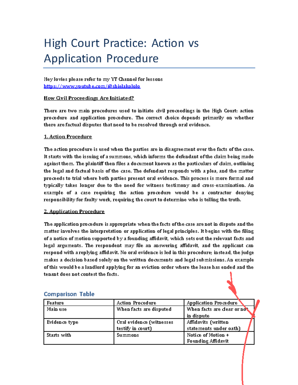 High Court Procedure: Action vs Application (Lesson 1) - Studocu
