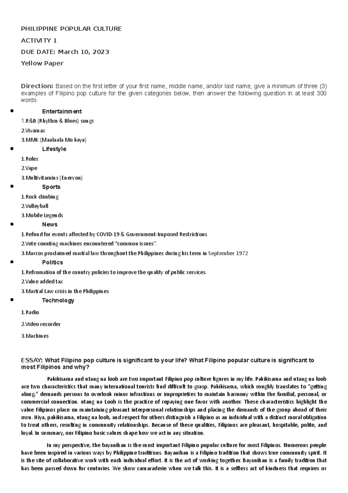 Philippine Popular Culture Activity 1 Insights and Reflections - Studocu