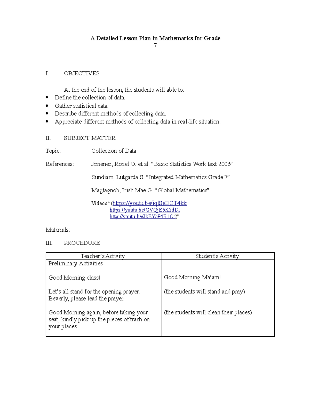 Lesson Plan on Data Collection for Grade 7 - DATAS - Studocu