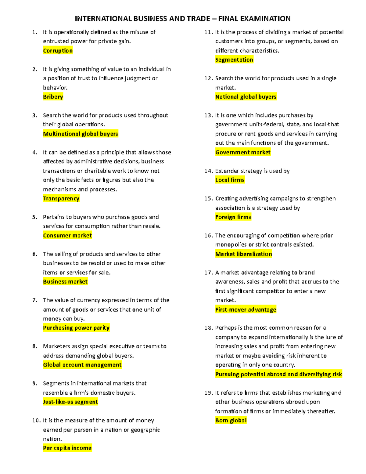 IBT - Final Exam Solutions for International Business Exam - Studocu