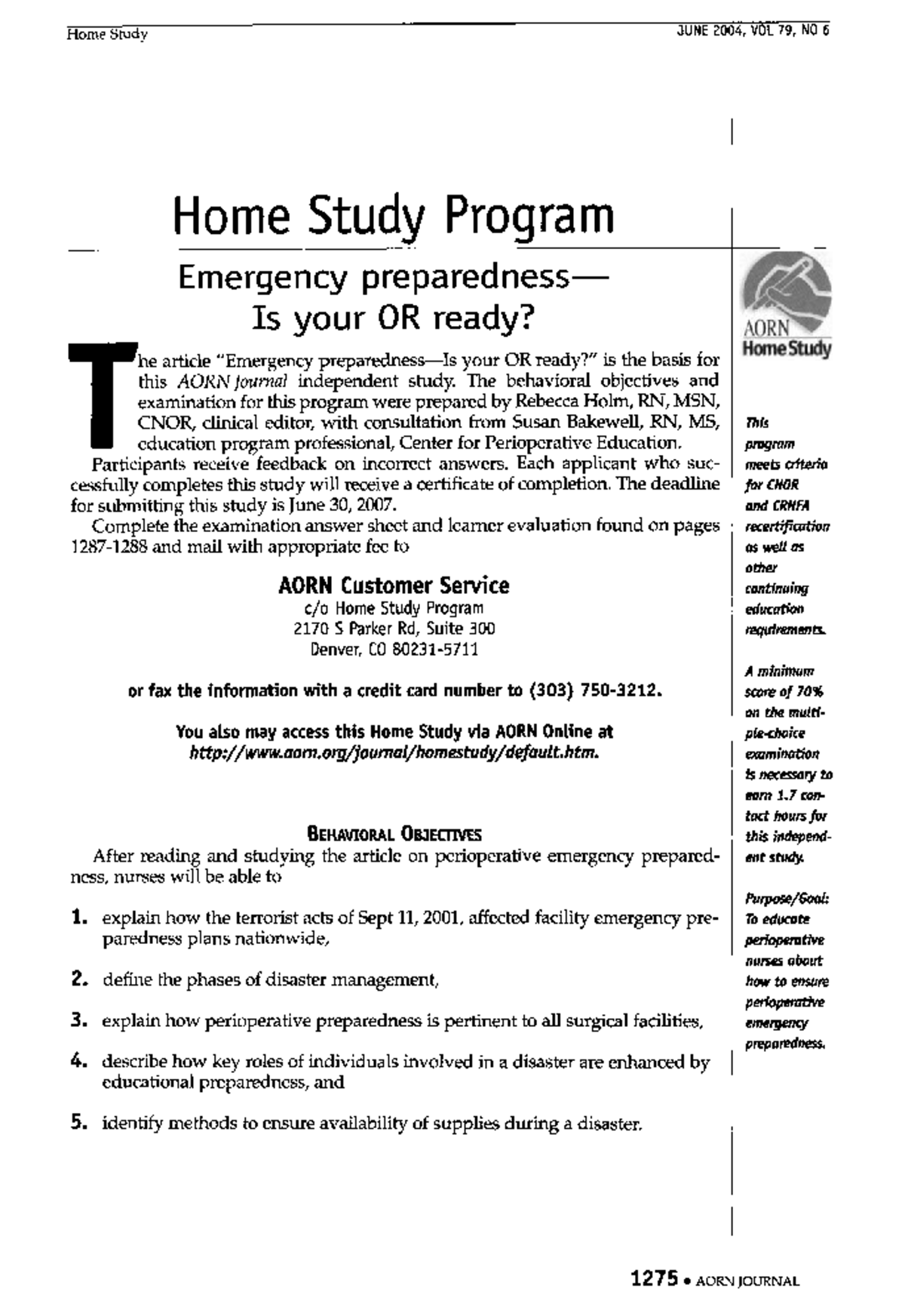2004 AORN Home Study: Emergency Preparedness in the OR - Studocu