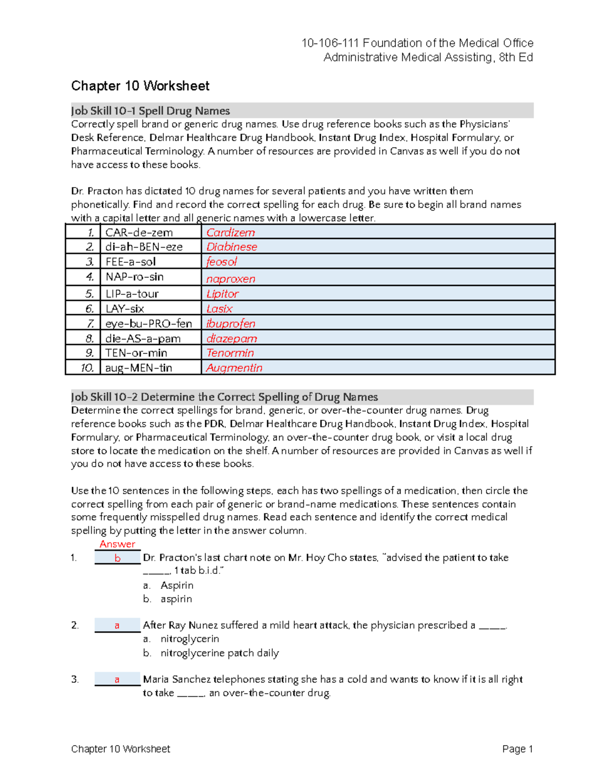 Chapter 10 Worksheet Christianson - 10-106-111 Foundation of the Medical Office Administrative ...