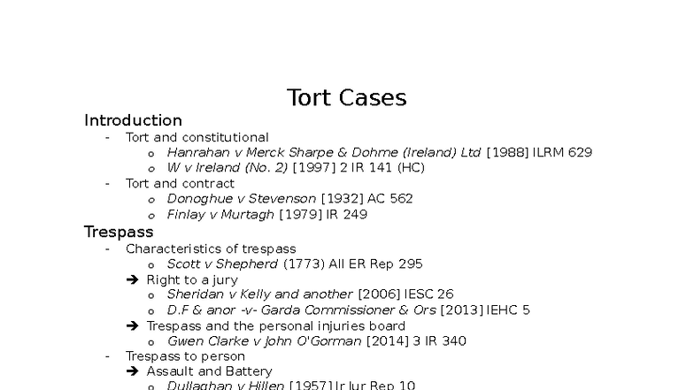 Tort Law Cases Overview: Key Judgments and Principles - Studocu