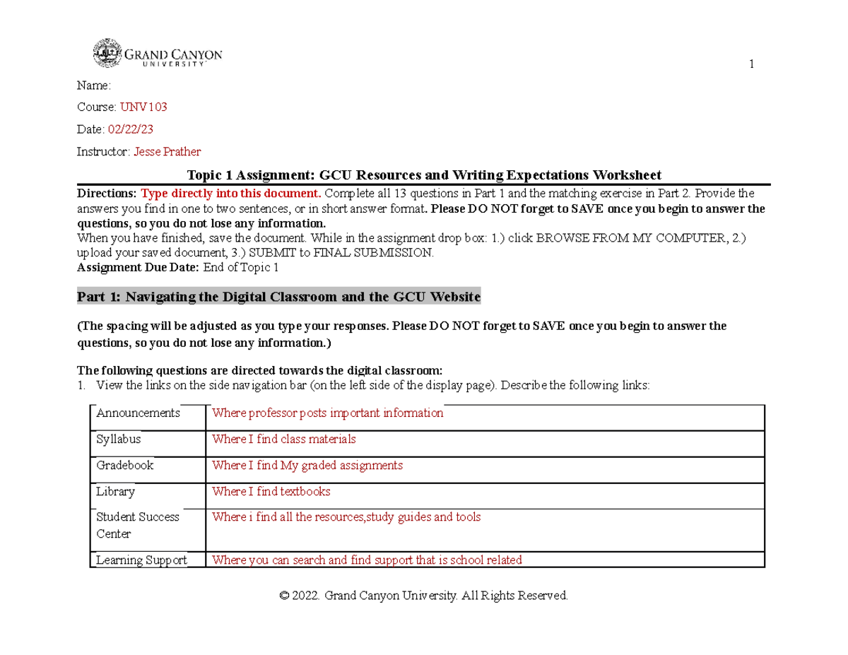 UNV-103-T1-GCU Resources & Writing Expectations Worksheet - Studocu