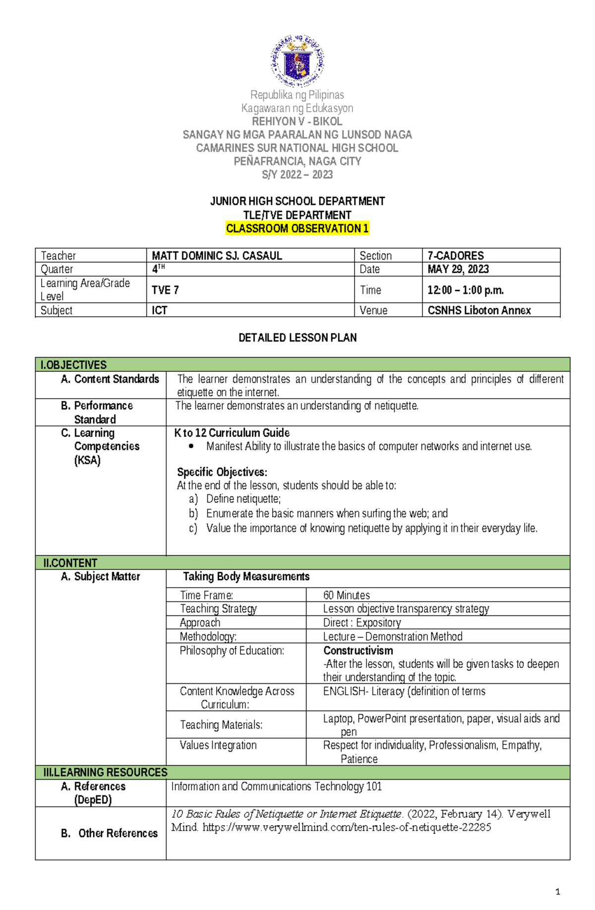 Detailed Lesson Plan on Netiquette for ICT 7 - Studocu