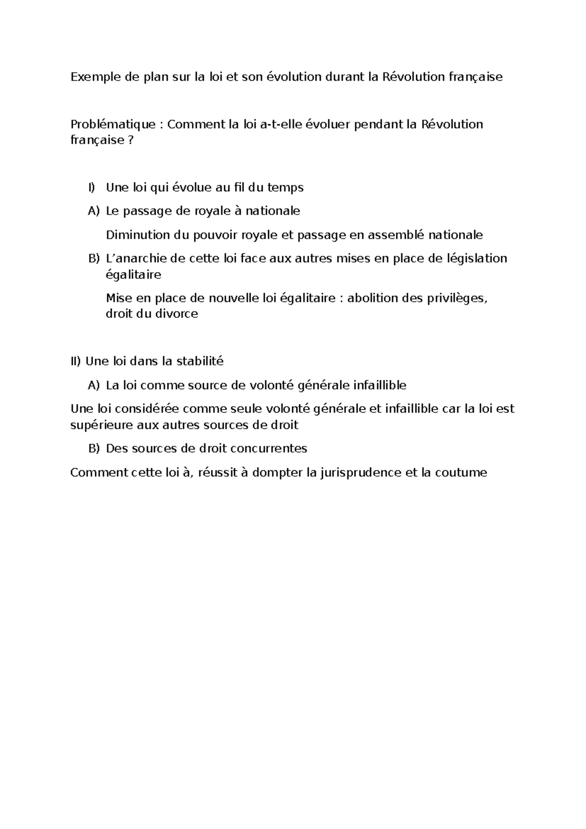 Exemple de plan sur la loi et son évolution durant la Révolution ...