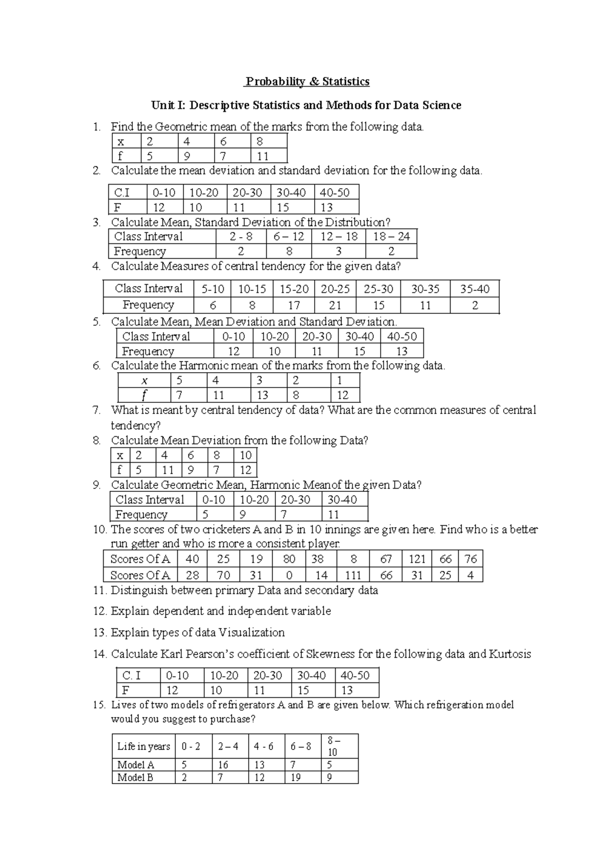 Probability & Statistics Unit I: Descriptive Stats & Data Science ...