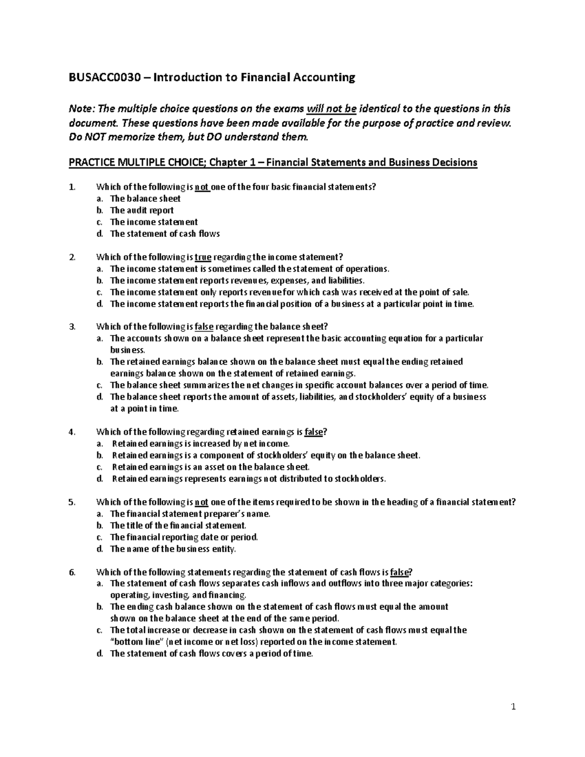 BUSACC0030 - Practice MCQs for Financial Accounting Concepts - Studocu