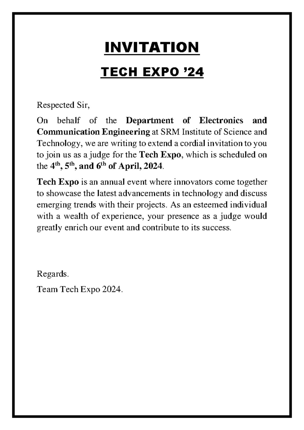 Invitation of Tech-Expo - INVITATION TECH EXPO ’ 24 Respected Sir, On ...