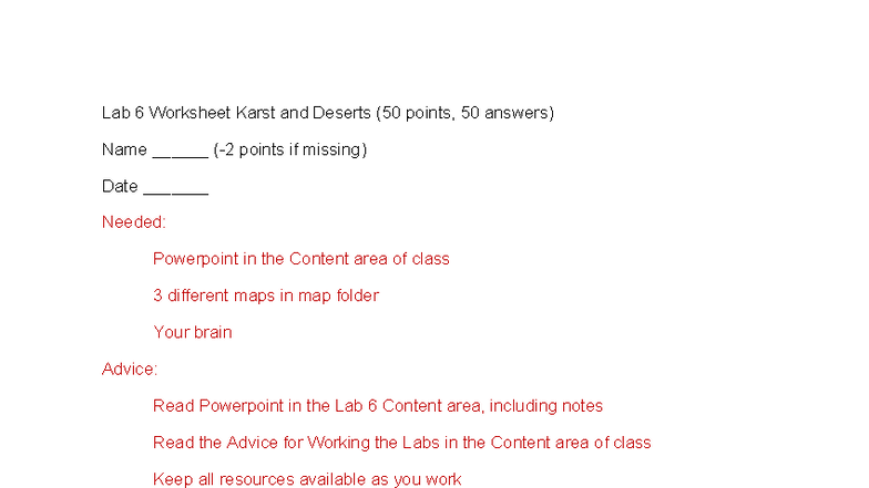 Lab 6 Worksheet: Karst Topography & Deserts (Fall 2025) - Studocu
