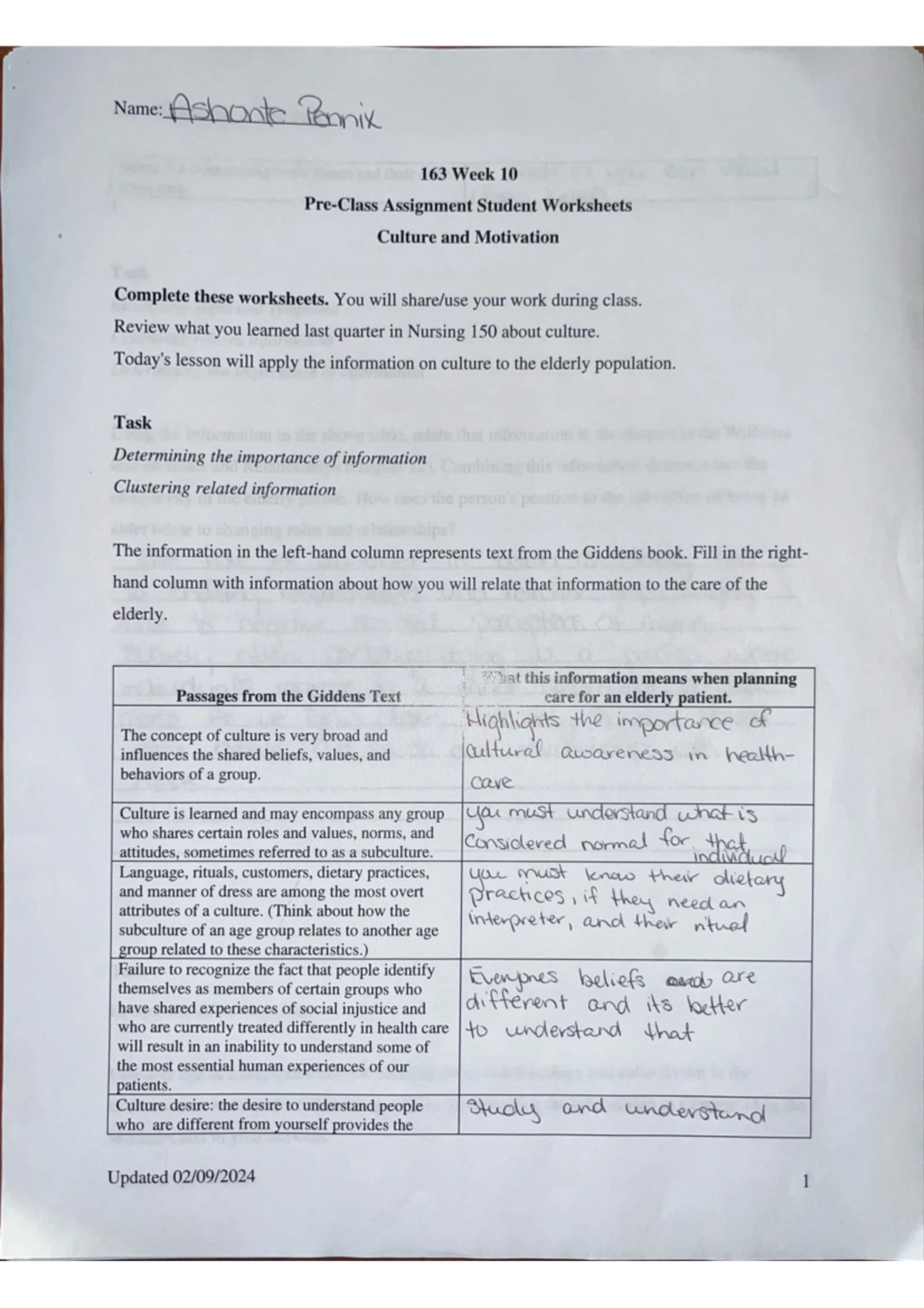 NUR 163 Week 10 Pre-Class Assignment - You will share/use your work ...