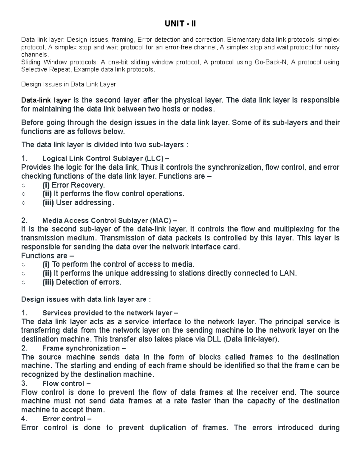 CN Notes - Unit II: Data Link Layer Design, Protocols, and Issues - Studocu