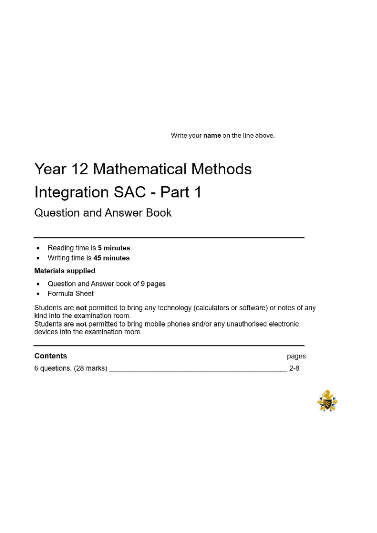 2025 BMG Mathematical Methods Integration SAC Part 1 - Tech Free Exam ...