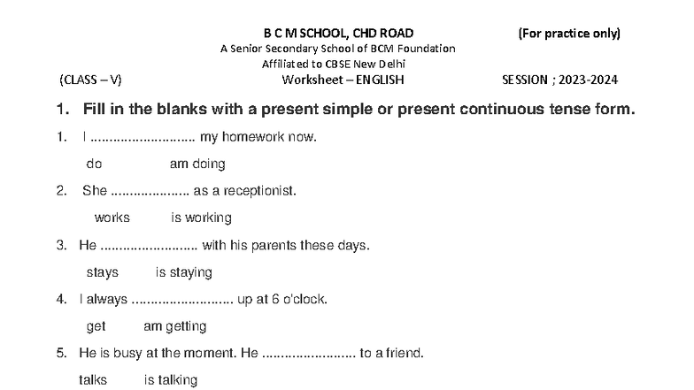 BCM School Class V English Worksheet: Present Tense Practice - Studocu