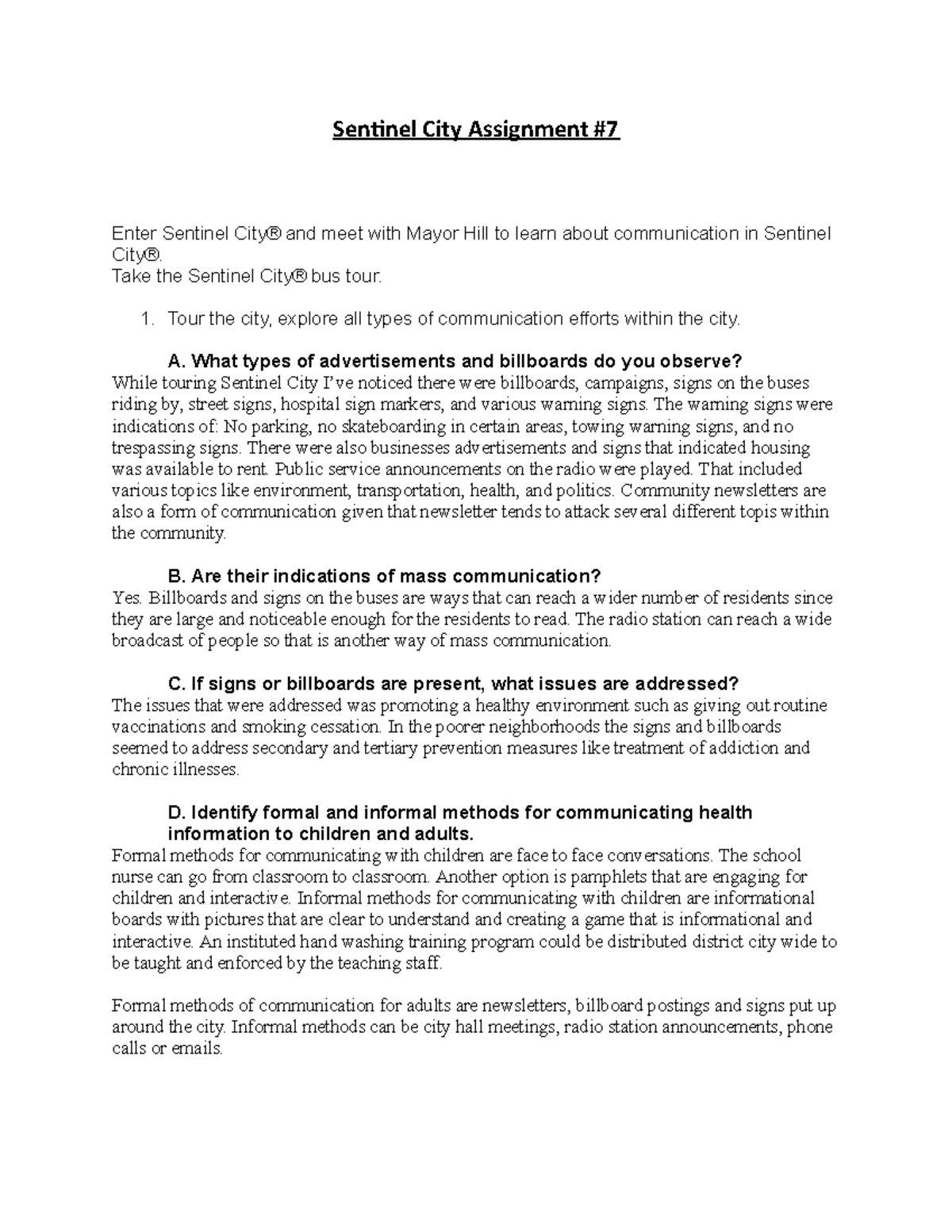 Sentinel City Community Assignment 7: Communication Insights and ...