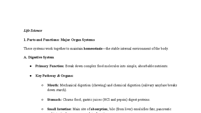 Life Science 1: Major Organ Systems and Ecosystem Interactions - Studocu
