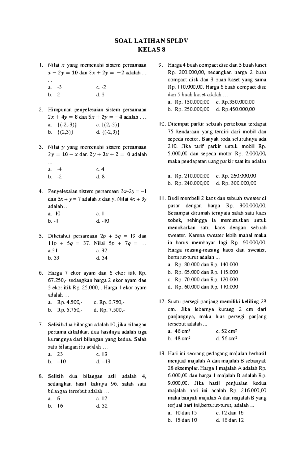SOAL LATIHAN SPLDV KELAS 8: Sistem Persamaan dan Penyelesaiannya - Studocu