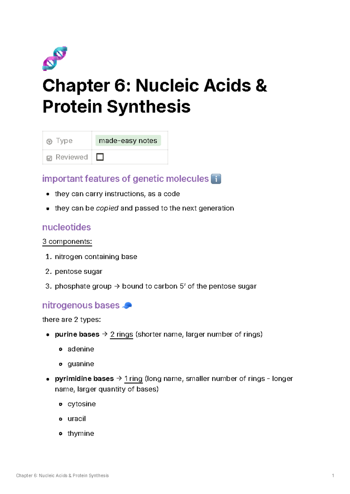 AS Biology Unit 6: Summary of Nucleic Acids & Protein Synthesis - Studocu