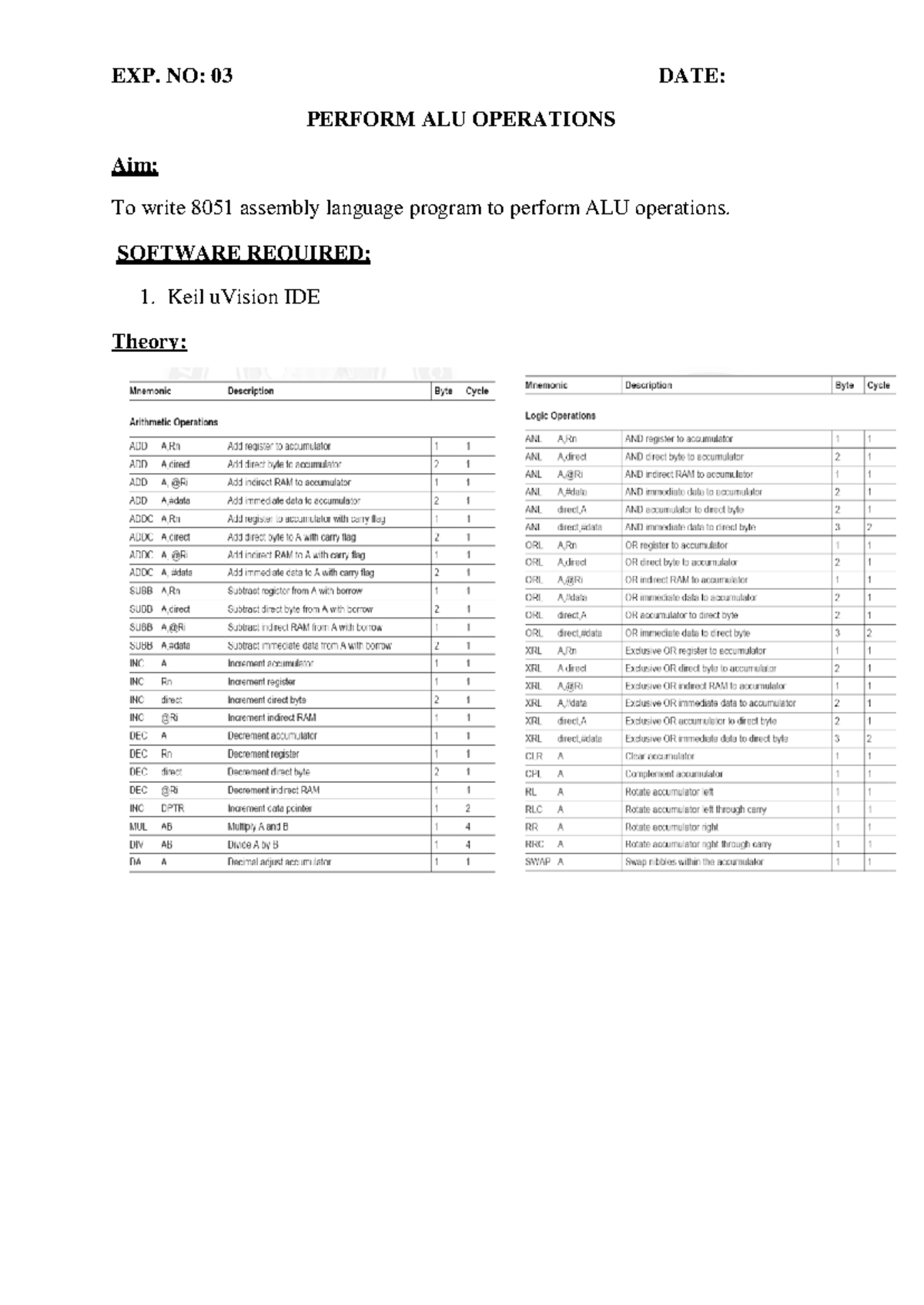 ALU Operations in 8051 Assembly Language - EXP 03 Guide - Studocu