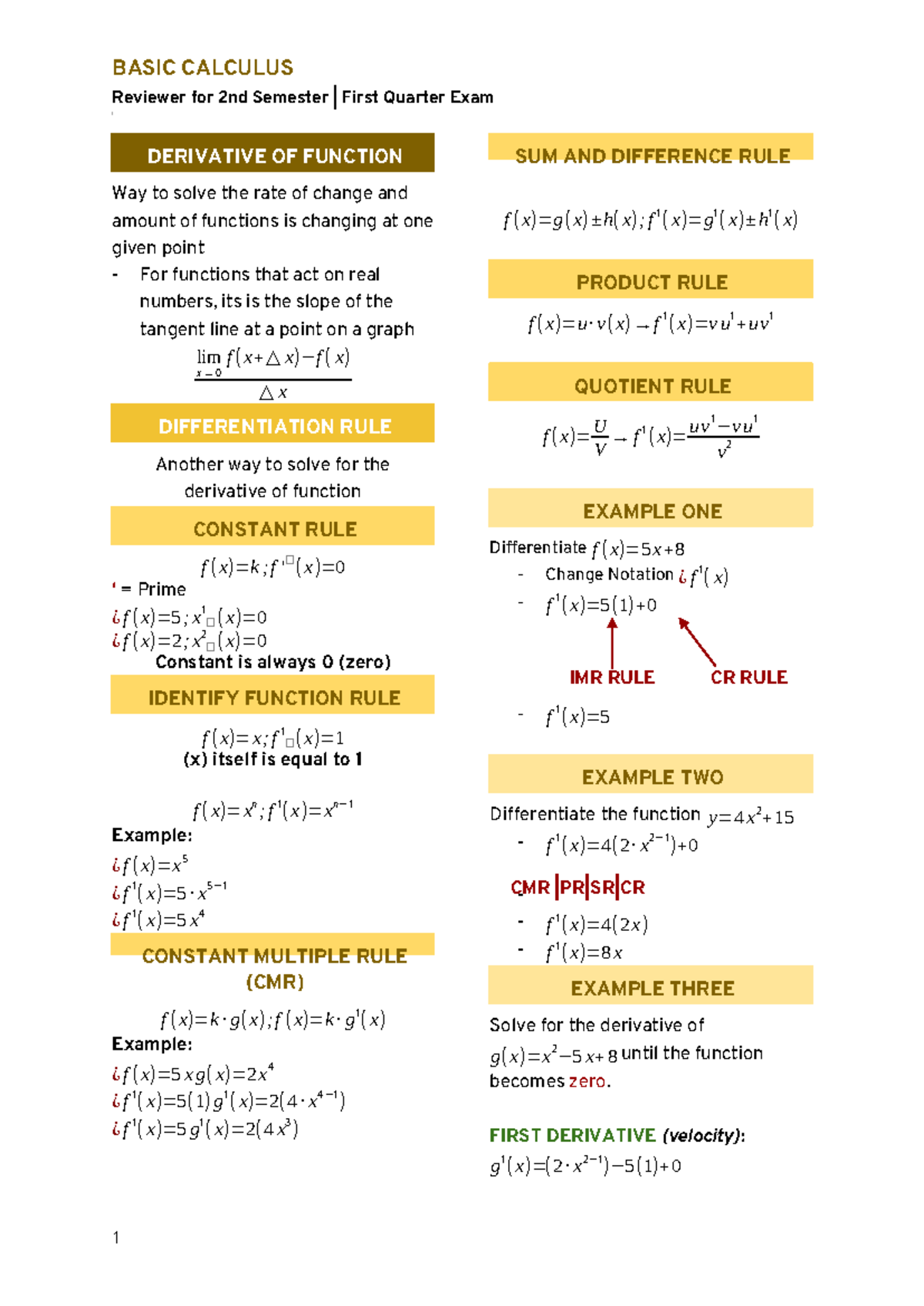 BASIC CALCULUS Reviewer for 2nd Sem 1st Qtr Exam: Derivatives & Rules ...