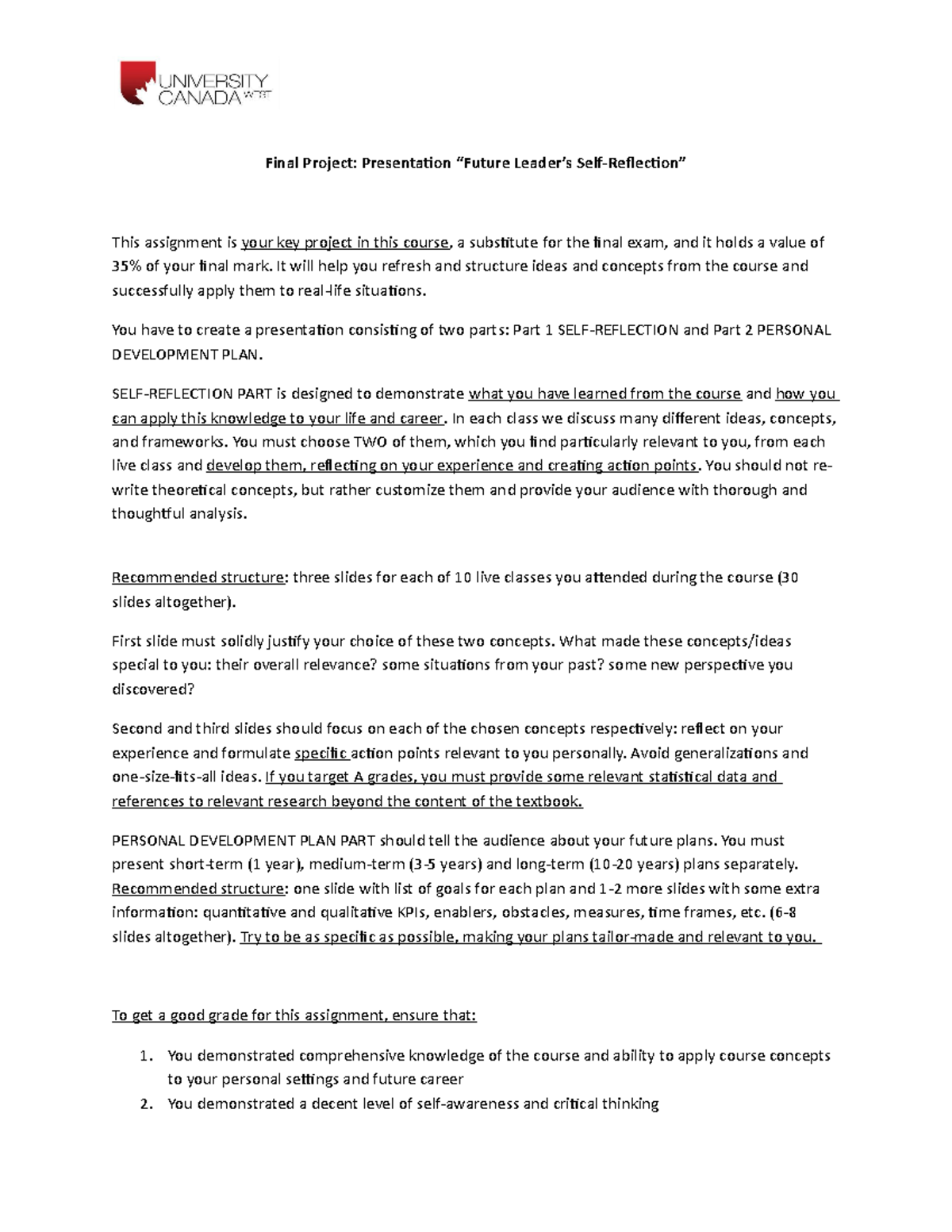 Final Project MGMT601 - Self-Reflection & Personal Dev. Plan - Studocu