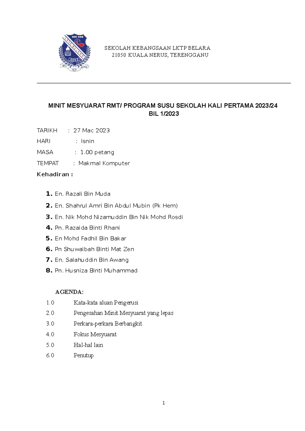 Minit mesyuarat rmt 2023 bil 1 - MINIT MESYUARAT RMT/ PROGRAM SUSU SEKOLAH KALI PERTAMA 2023 ...