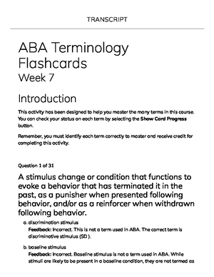 Week 5 ABA Terminology Flashcards - TRANSCRIPT ABA Terminology Flashcards Week 5 Introduction ...