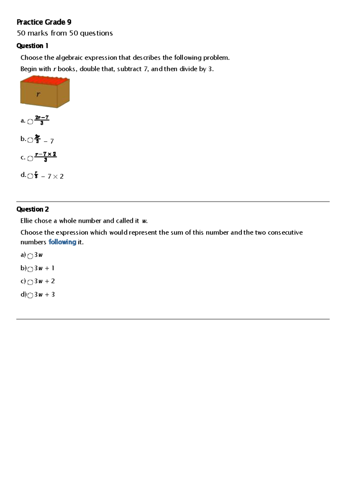 Practice Grade 9 Algebra & Data Analysis Questions - Studocu