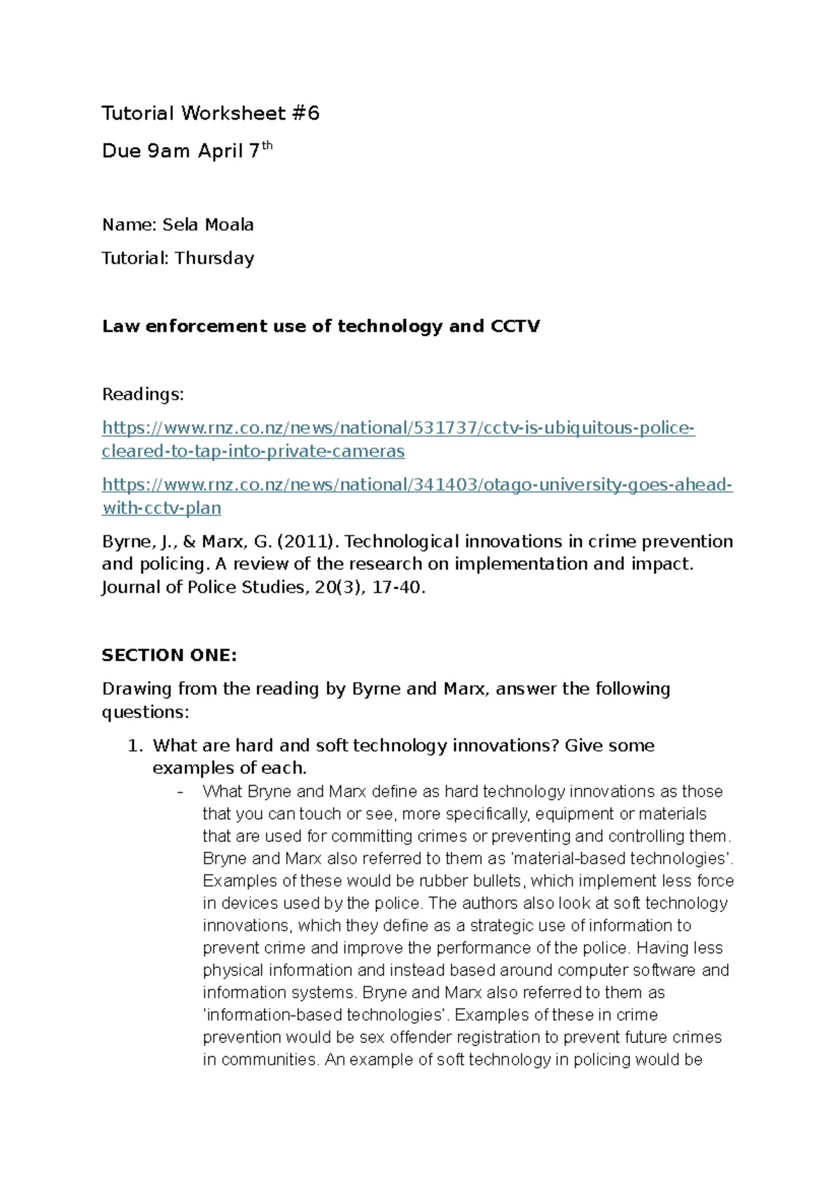 Tutorial Worksheet 6: Law Enforcement Tech & CCTV Analysis - Studocu
