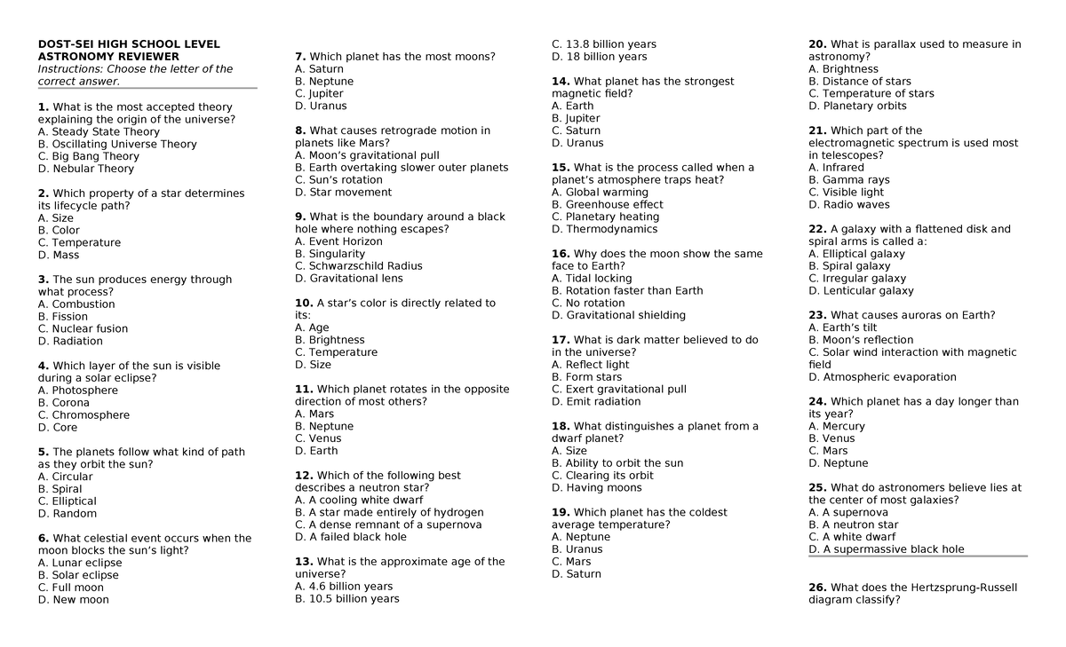 High School Astronomy Review (HS 101) - Quiz Questions & Answers - Studocu
