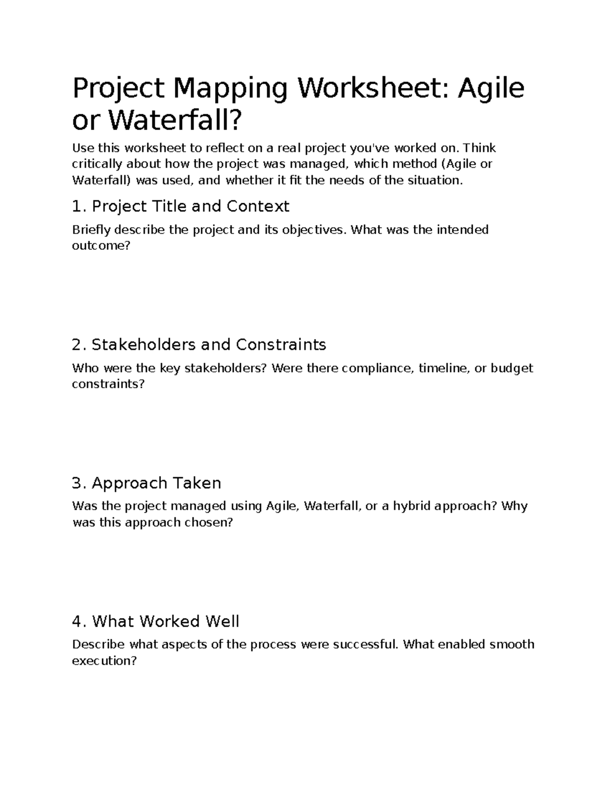 Project Mapping Worksheet: Agile vs. Waterfall Analysis - Studocu