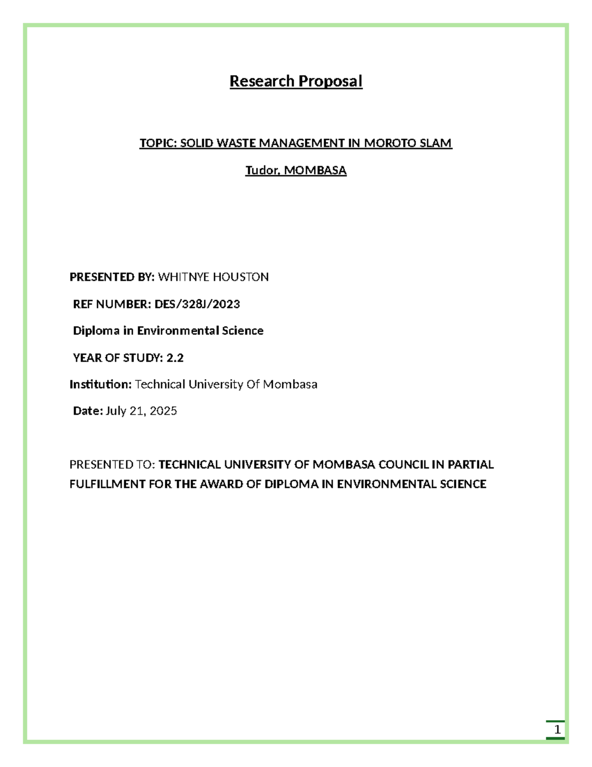 Research Proposal: Solid Waste Management in Tudor, Moroto (Diploma in ...