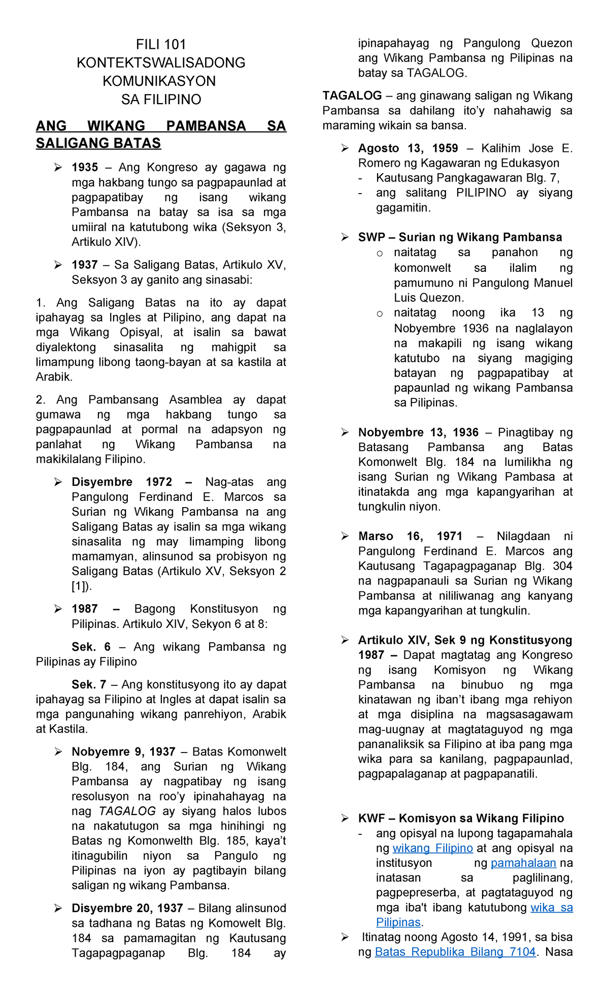 FILI 101 Quiz Reviewer: Ang Wikang Pambansa ng Pilipinas - Studocu