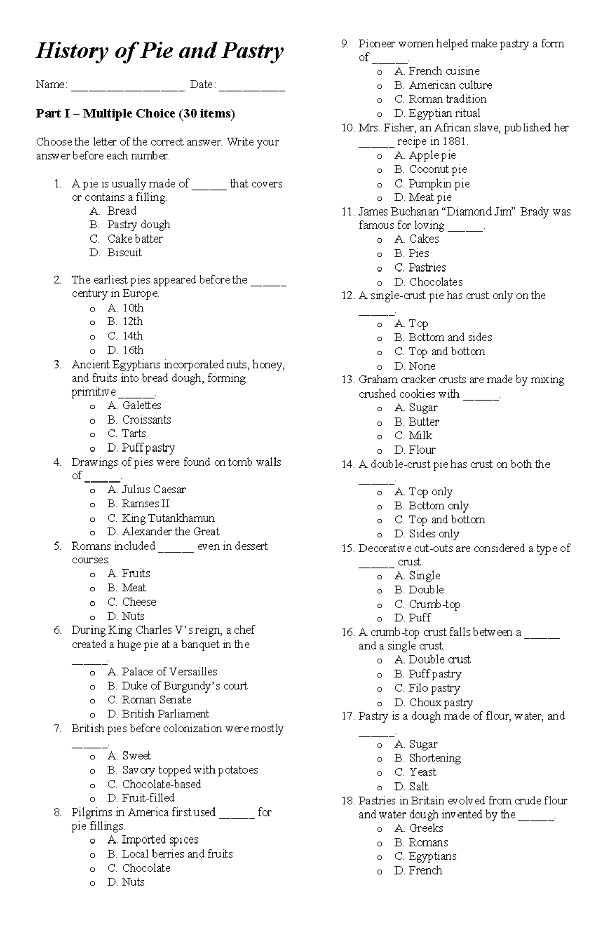 History of Pie and Pastry Quiz (Part I & II) - Studocu